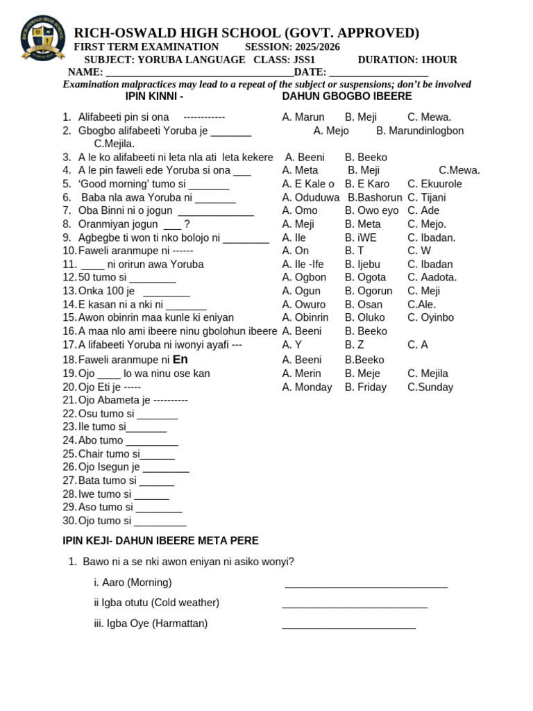 Yoruba Jss &Sss | PDF