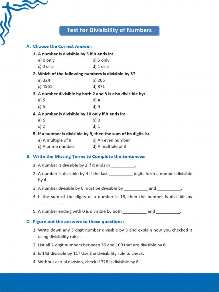 5 Test for Divisibil Numbers Ex | PDF | Chess Theory | Chess