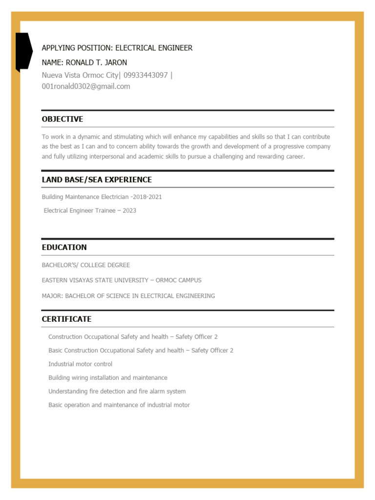 Electrical Engineer Resume of Ronald Jaron | PDF
