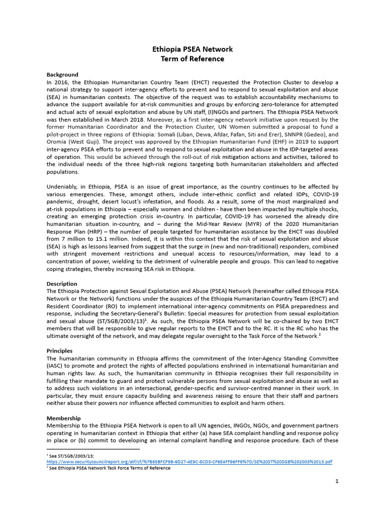 New Version of Ethiopia PSEA Network ToR Based on Feedback Recieved ...