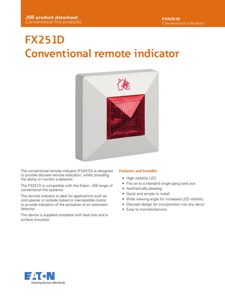 Eaton Jsb Fire Conventional Remote Indicator Fx251d Datasheet En | PDF | Sensor | Electricity