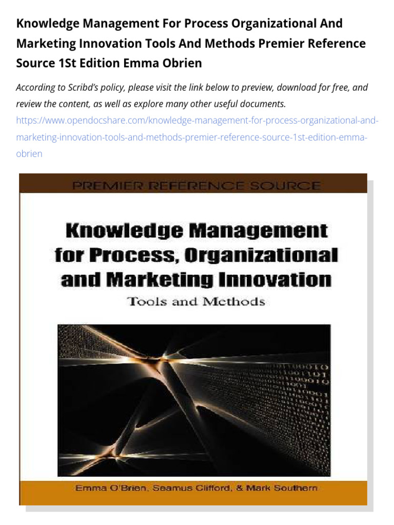 Knowledge Management For Process Organizational And Marketing Innovation Tools And Methods ...