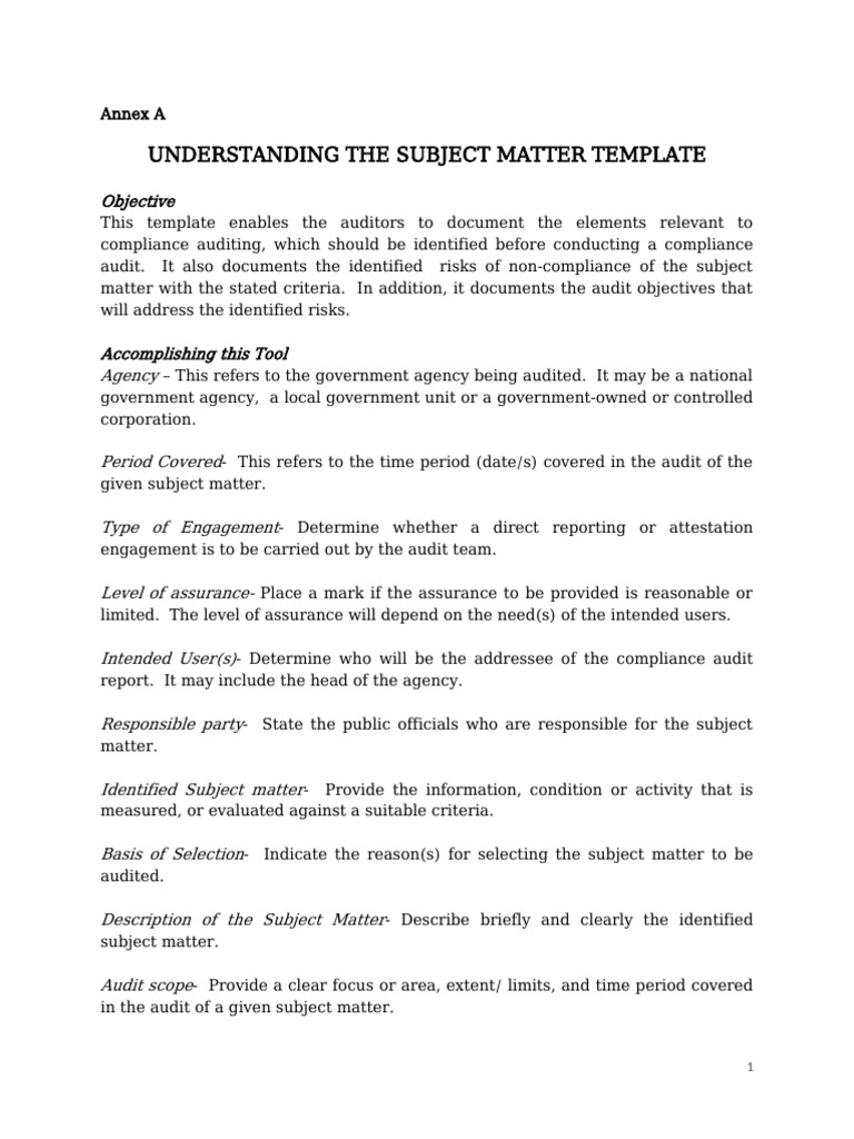 Compliance Audit Subject Matter Template | PDF | Audit | Regulatory ...