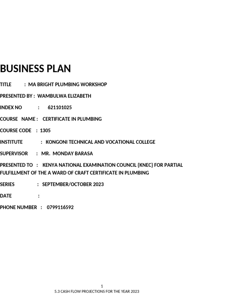 MA Bright Plumbing Workshop Business Plan | PDF | Expense | Working Capital