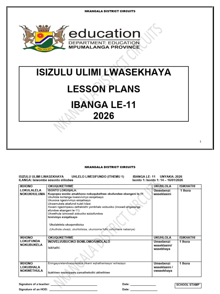 Isizulu Lesson Plans for Grade 11 2026 | PDF | Teaching | Learning