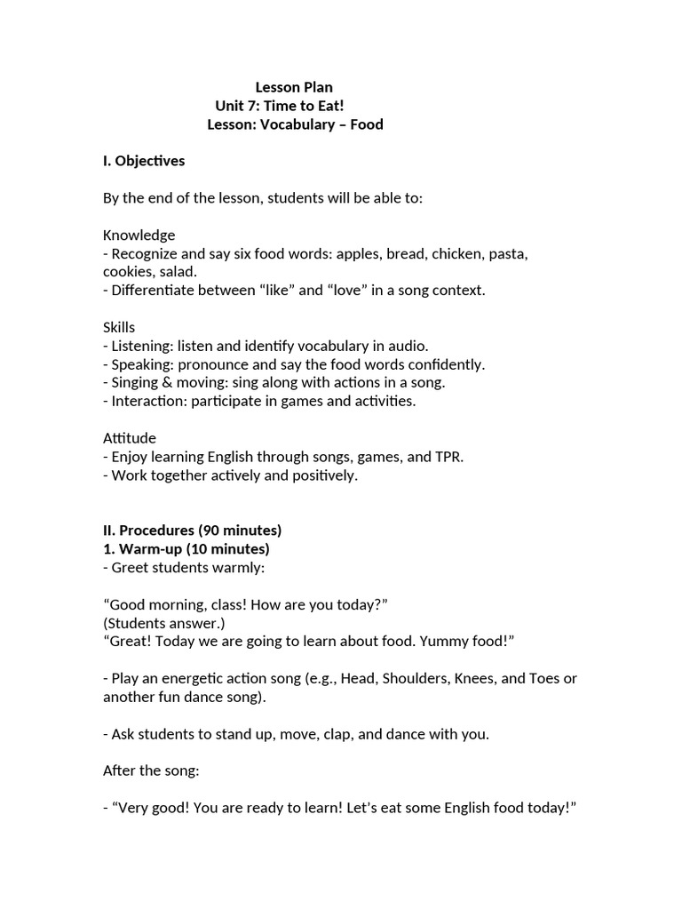 Fun Food Vocabulary Lesson Plan | PDF | Vocabulary | Learning
