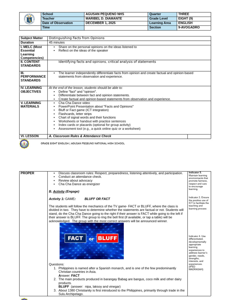 LESSON PLAN, reclass FACT AND OPINION | PDF | Learning | Knowledge