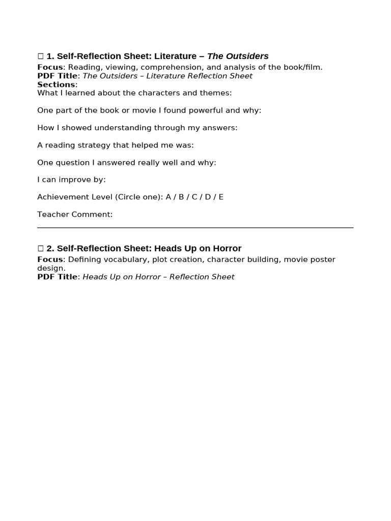Literature and Writing Reflection Sheets | PDF