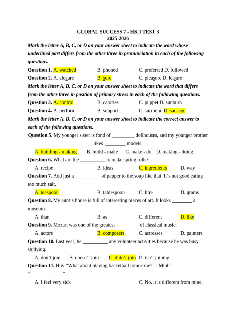 Global Success 7 - Hk i Test 3 | PDF | Lunch | Meal