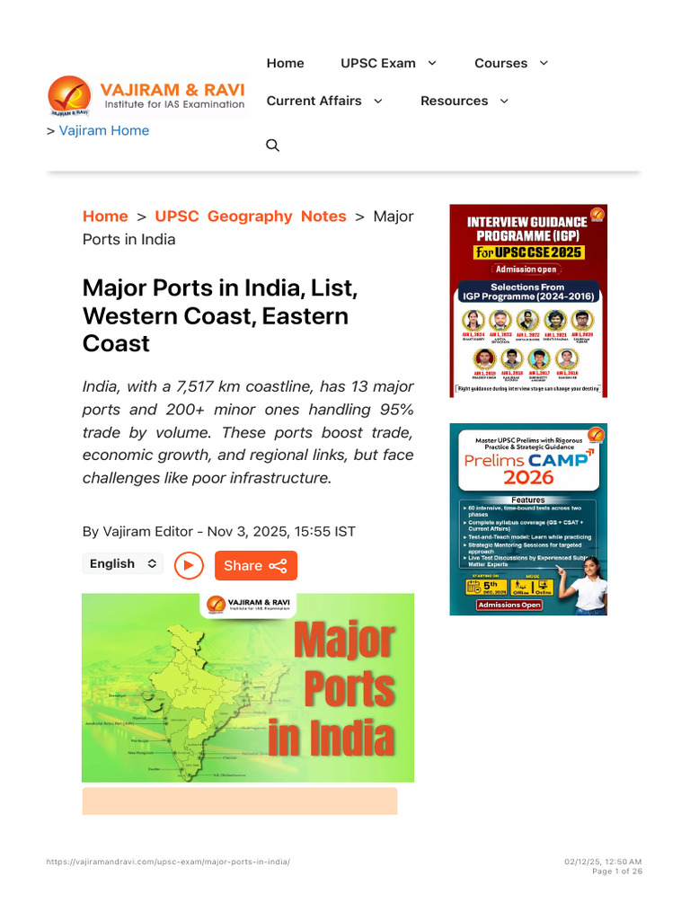 Major Ports in India: Overview & List | PDF | Port