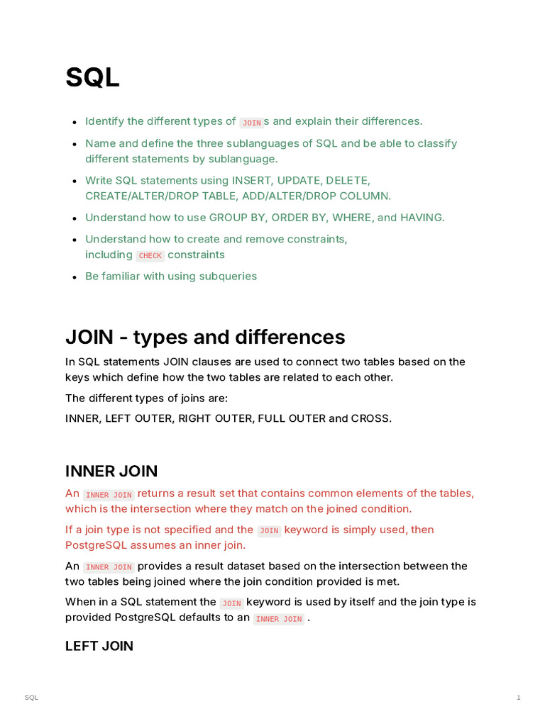 SQL Joins and Sublanguages Explained | PDF | Sql | Data Management