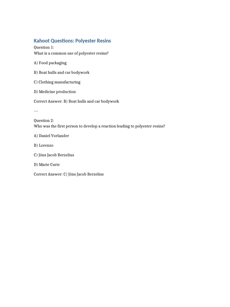 Polyester Resins Kahoot Quiz Questions | PDF
