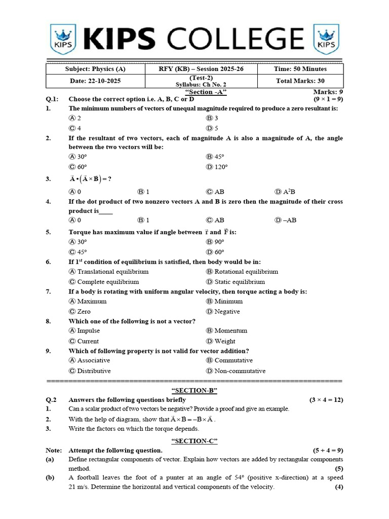 Physics Test Questions for Session 2025-26 | PDF | Force | Angular Momentum