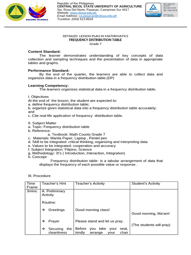 Grade 7 Frequency Distribution Lesson Plan | PDF | Learning
