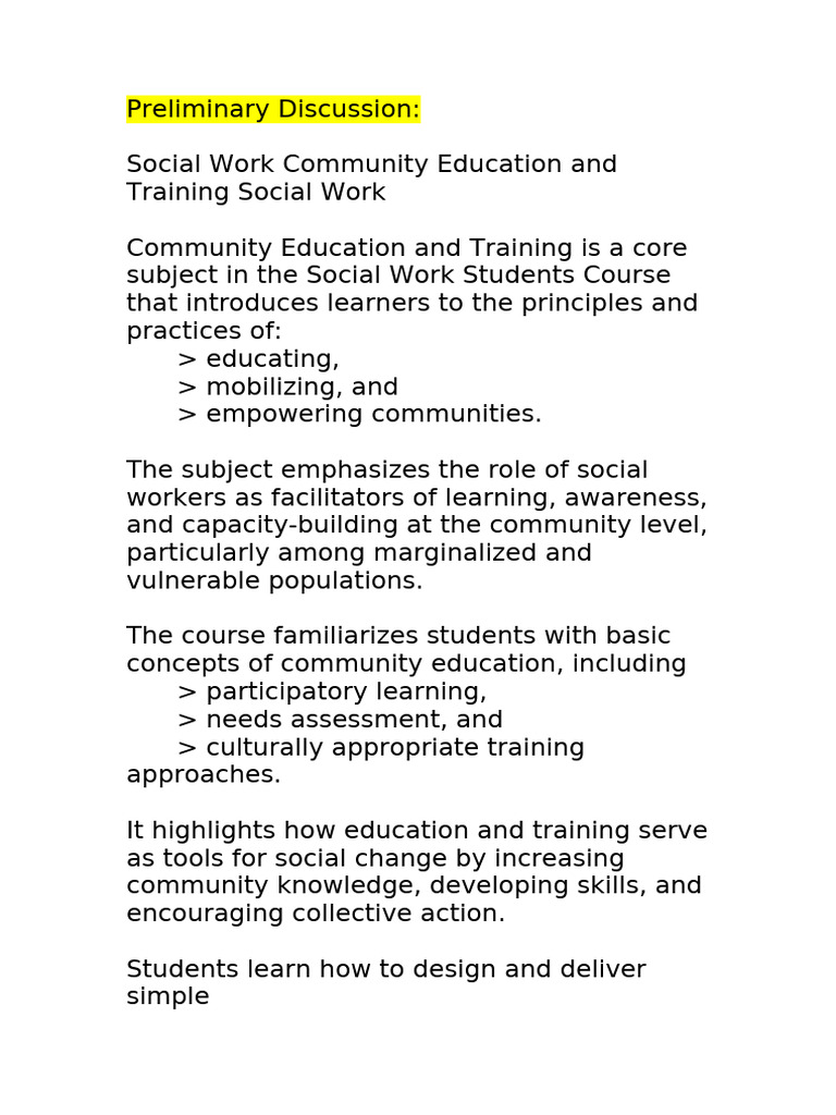 Community Education in Social Work Training | PDF | Emergency ...