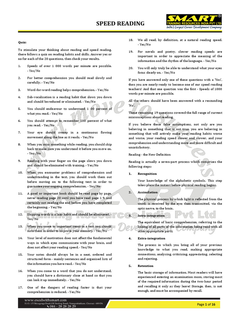 Speed Reading Quiz and Techniques Guide | PDF | Attention Deficit ...