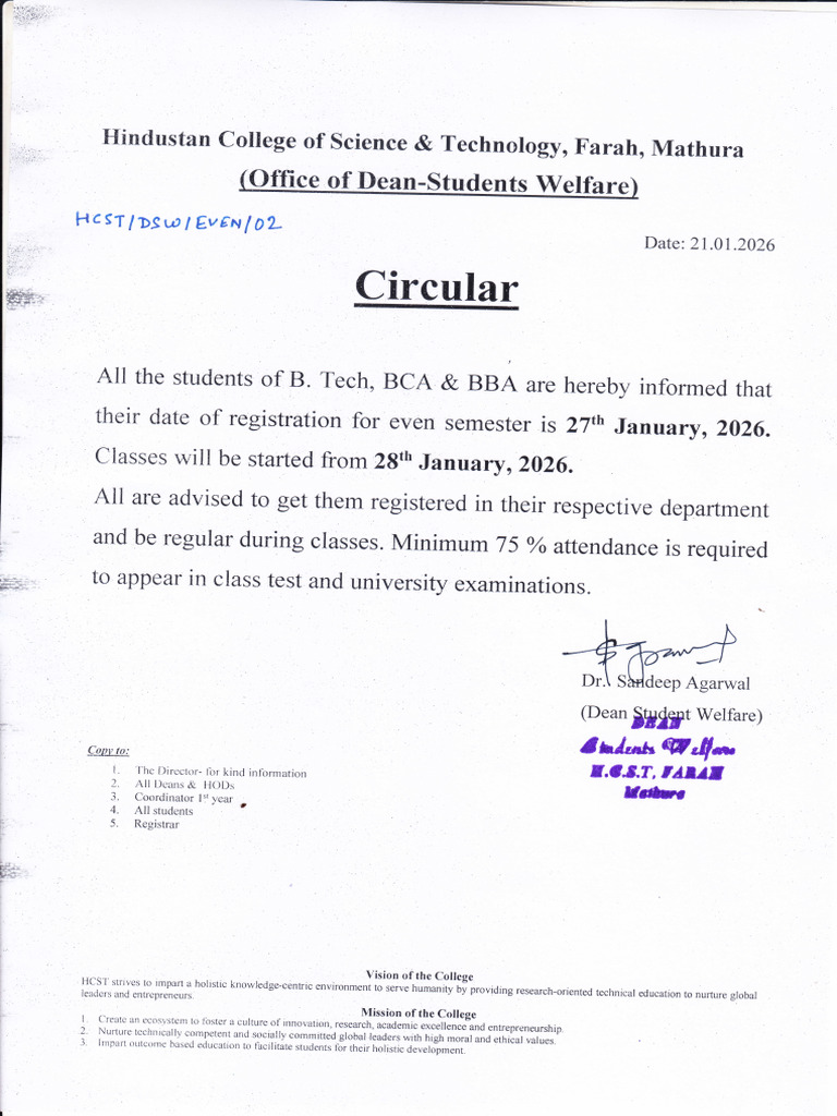 HCST Registration Date for Even Semester | PDF