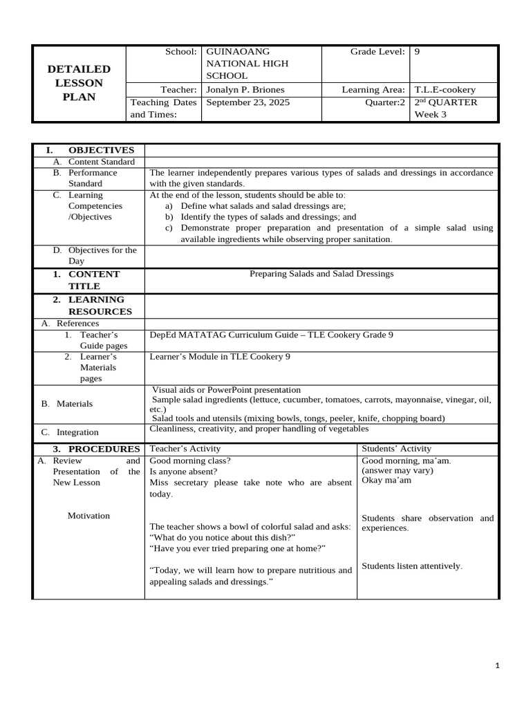 Salad Preparation Lesson Plan for Grade 9 | PDF | Salad | Vinaigrette