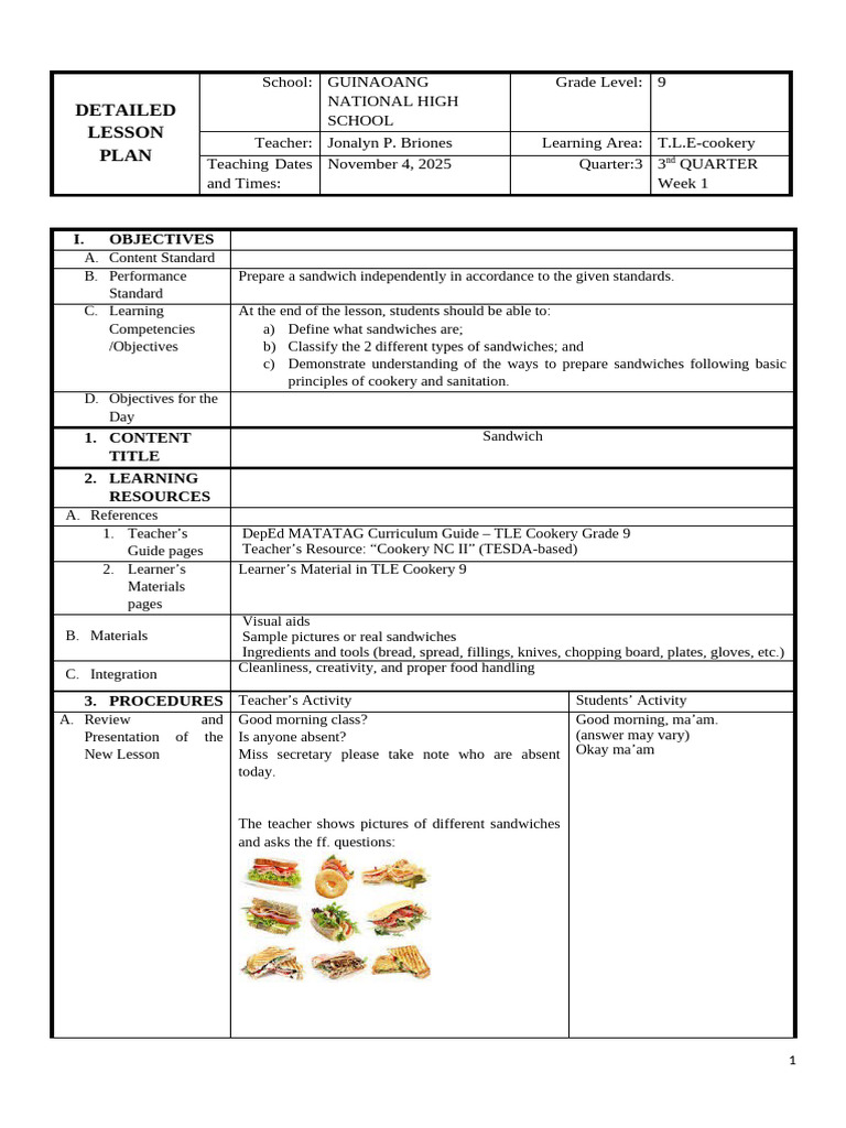 Grade 9 Sandwich Preparation Lesson Plan | PDF | Sandwich | Breads