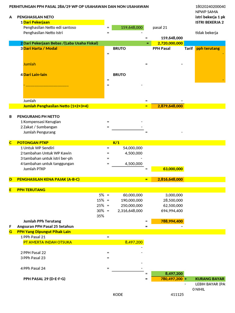 Perhitungan PPh Pasal 28A/29 WP OP | PDF