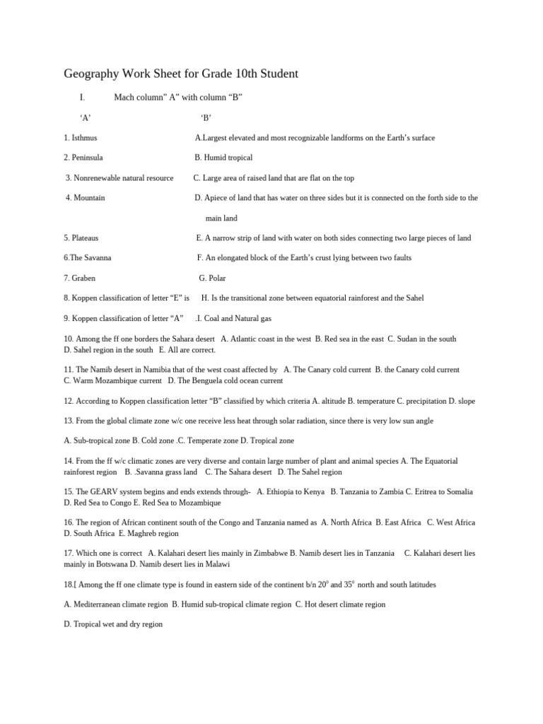 Grade 10 Geography Worksheet Guide | PDF | Subtropics | Tropics