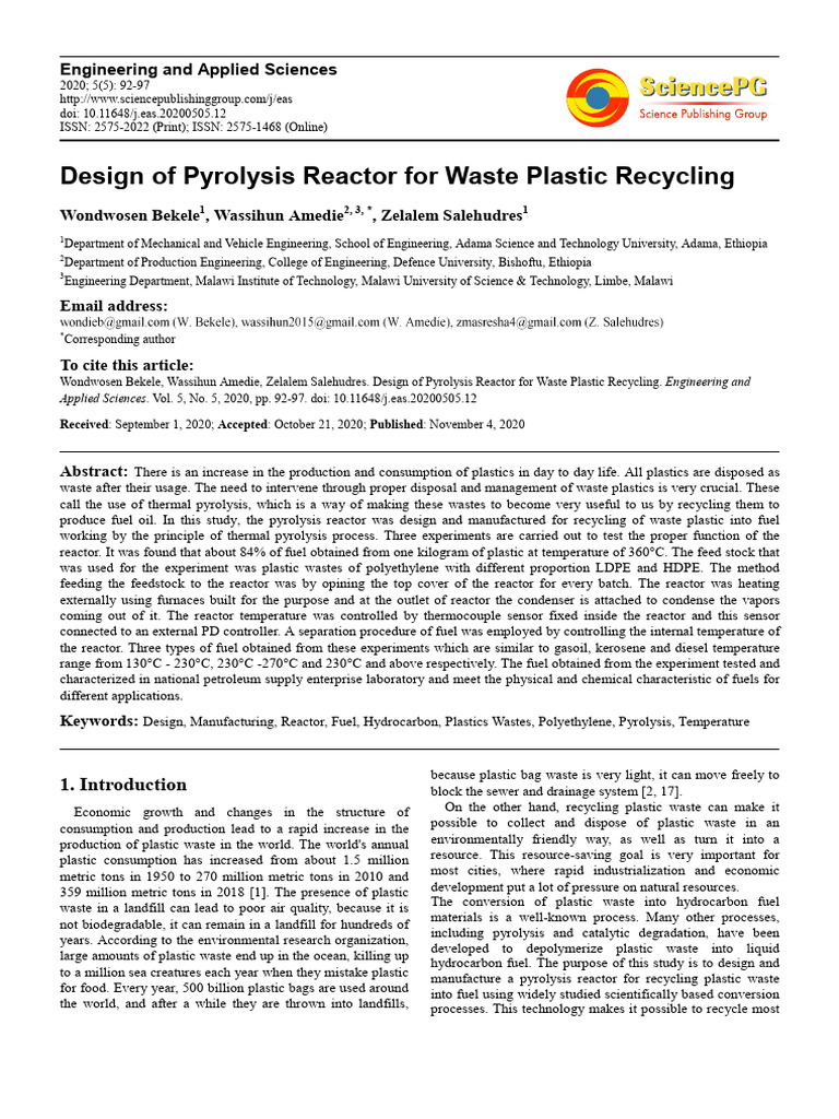 Pyrolysis Reactor Design for Plastic Recycling | PDF | Pyrolysis | Plastic