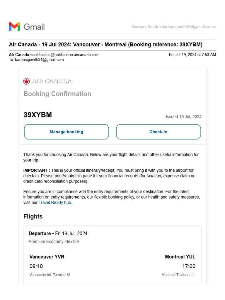 Air Canada - 19 Jul 2024- Vancouver - Montreal (Booking Reference ...