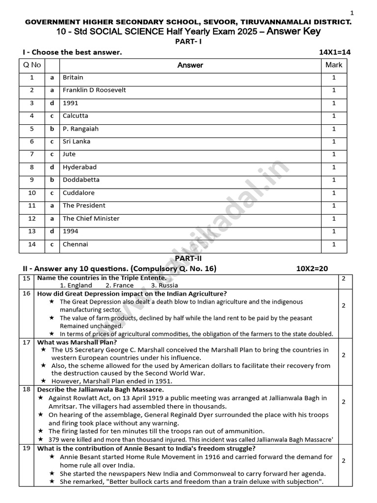 10th Social Science Half Yearly Exam 2025 - Answer Key EM (TVM) | PDF | United Nations ...