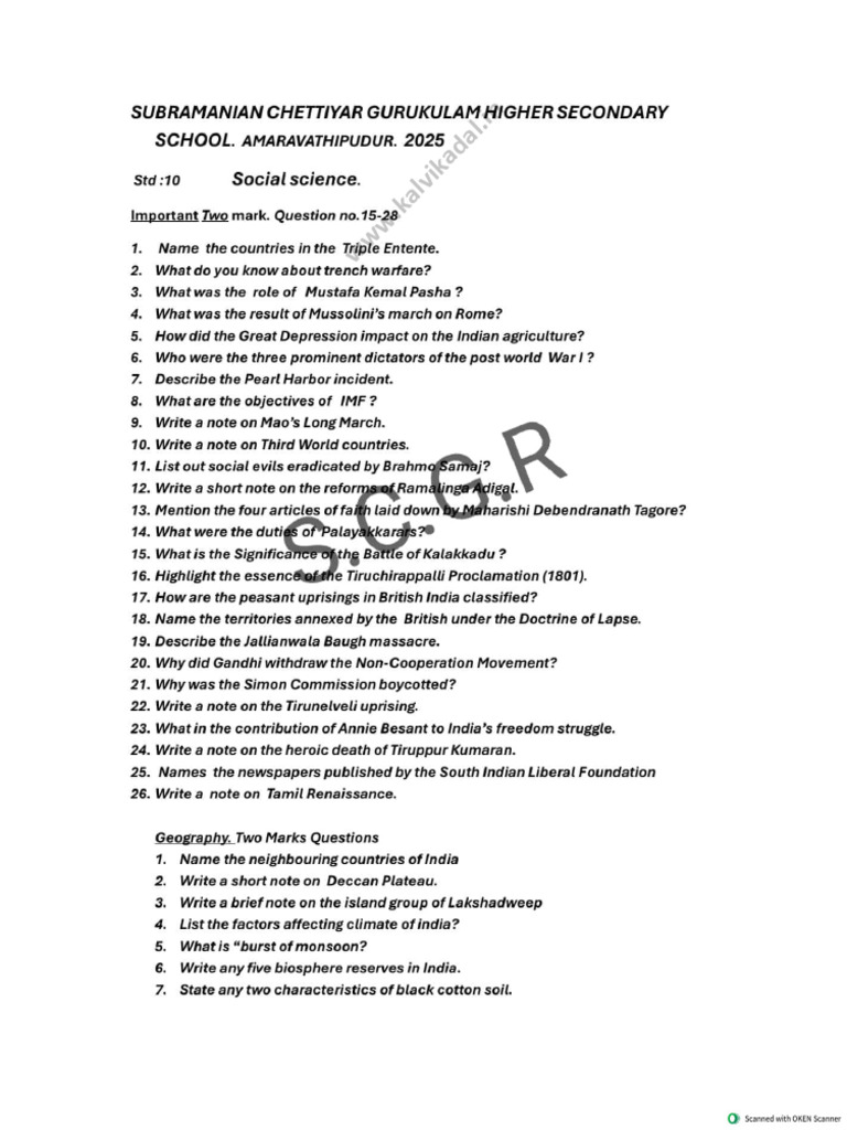 10th Social Science Important 2 & 5 Marks Questions EM 2025 | PDF