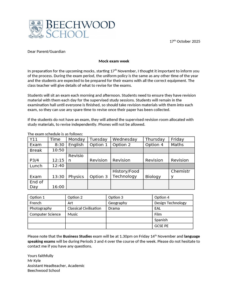 Beechwood School Mock Exam Week Details | PDF