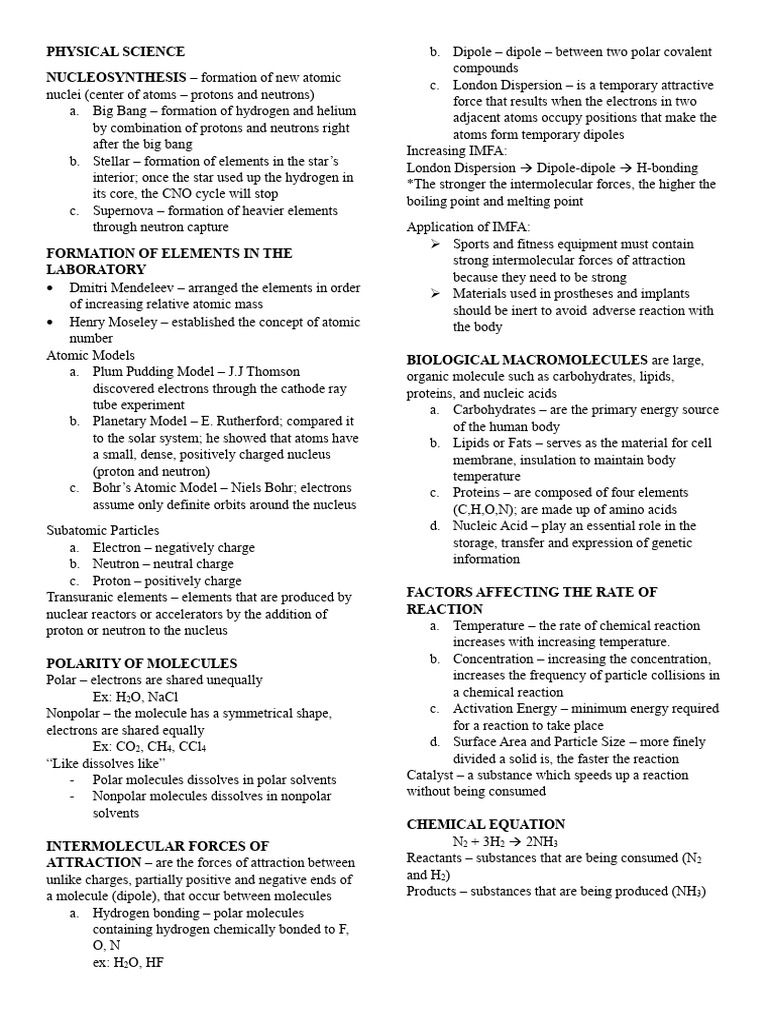 Physical Science Reviewer | PDF | Chemical Polarity | Atoms
