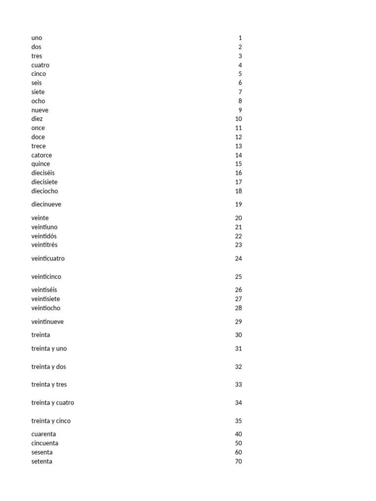 Spanish Numbers (Spanish — English) | PDF