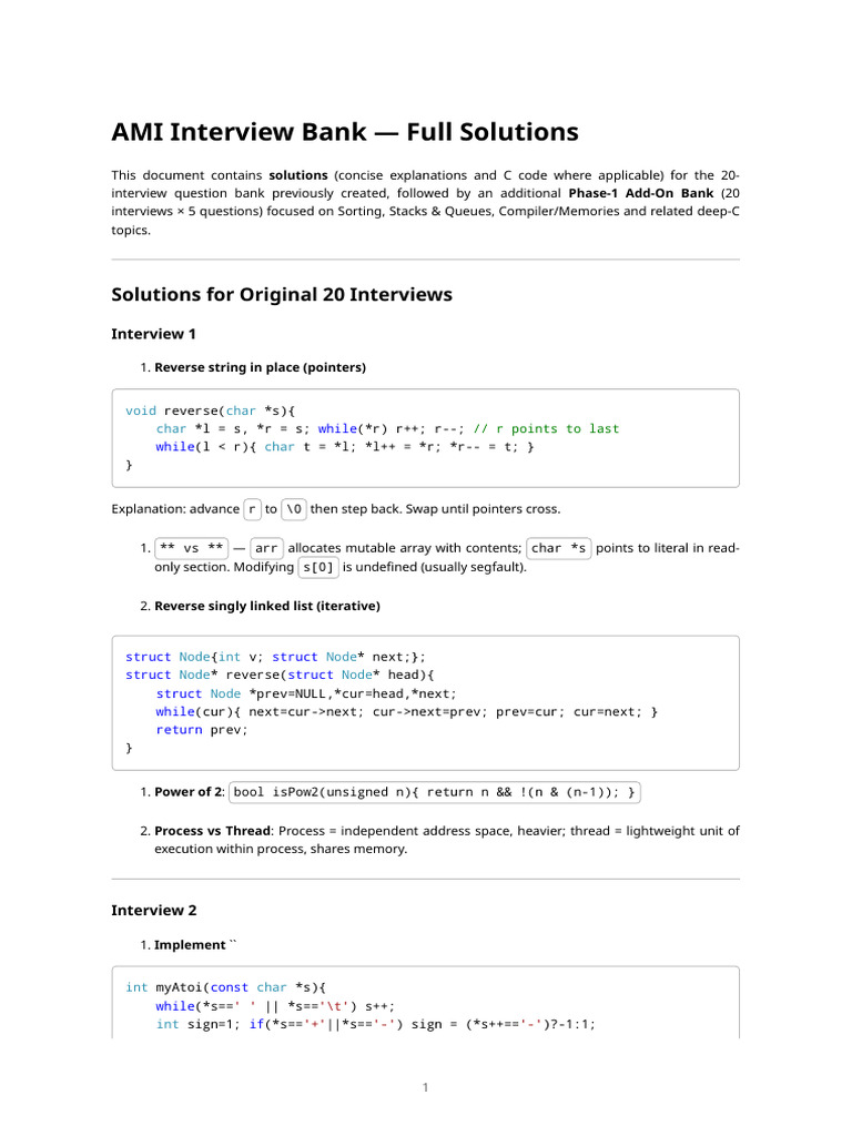 AMI Interview Solutions: C Code & Concepts | PDF | Pointer (Computer ...