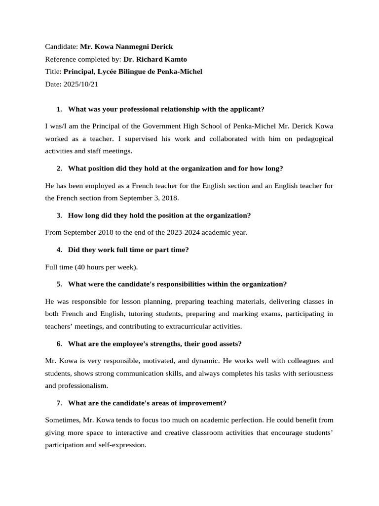 Brouillon de réponses pour DERICK KOWA | PDF | Teachers | Learning