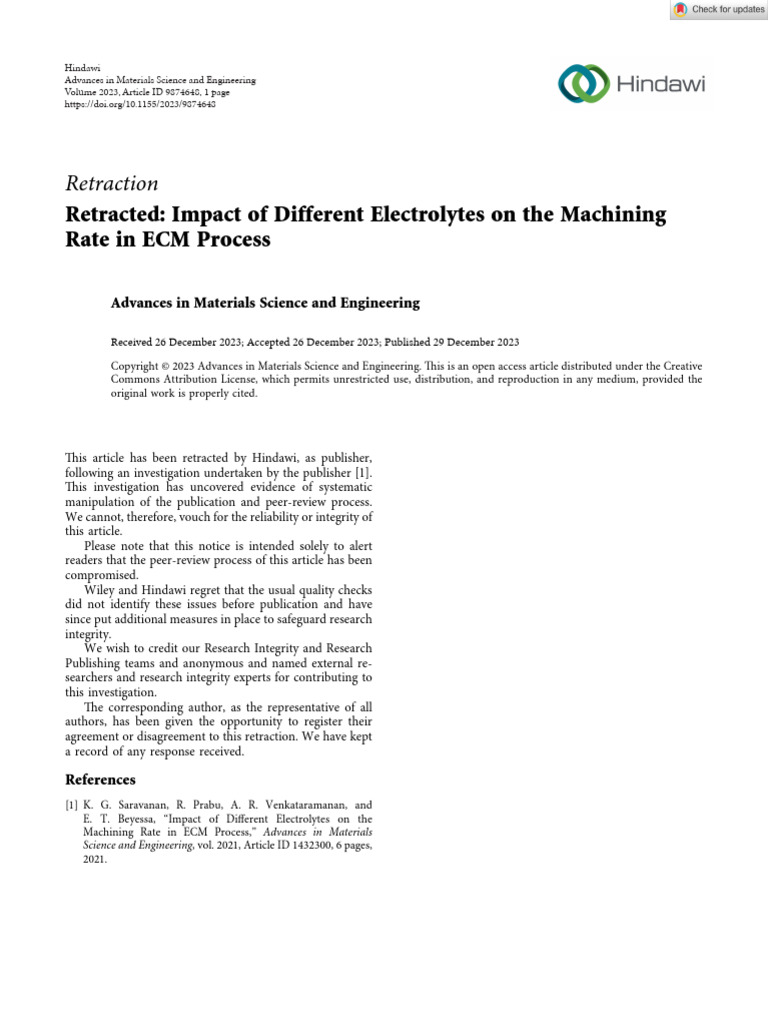 Retraction Notice: ECM Electrolyte Study | PDF | Electrolyte ...