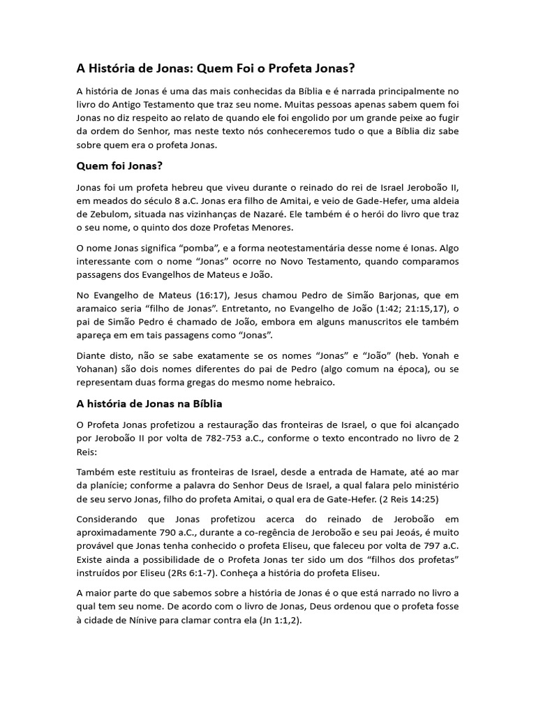 A História do Profeta Jonas na Bíblia | PDF | Jonas