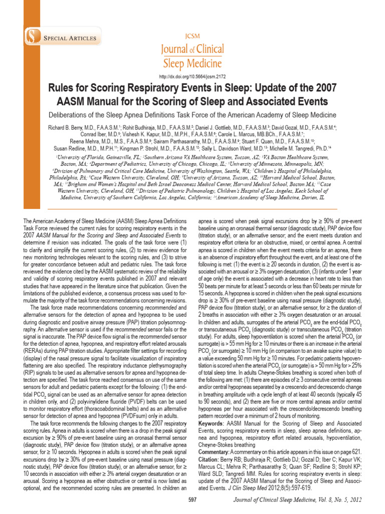 Berry Et Al 2012 Rules for Scoring Respiratory Events in Sleep Update ...