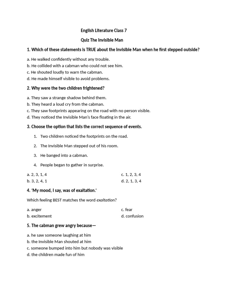 Invisible Man Quiz for Class 7 Literature | PDF