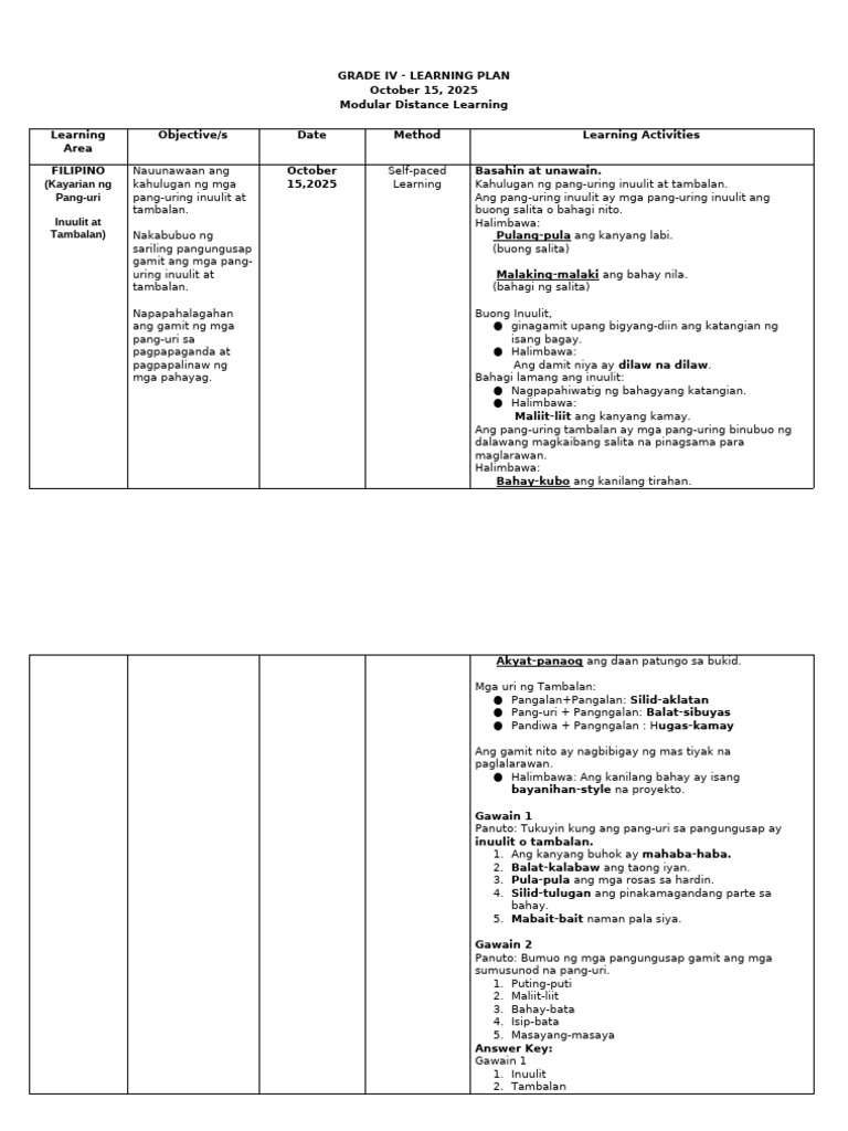 Grade IV Modular Learning Plan | PDF | Herbivore | Foods