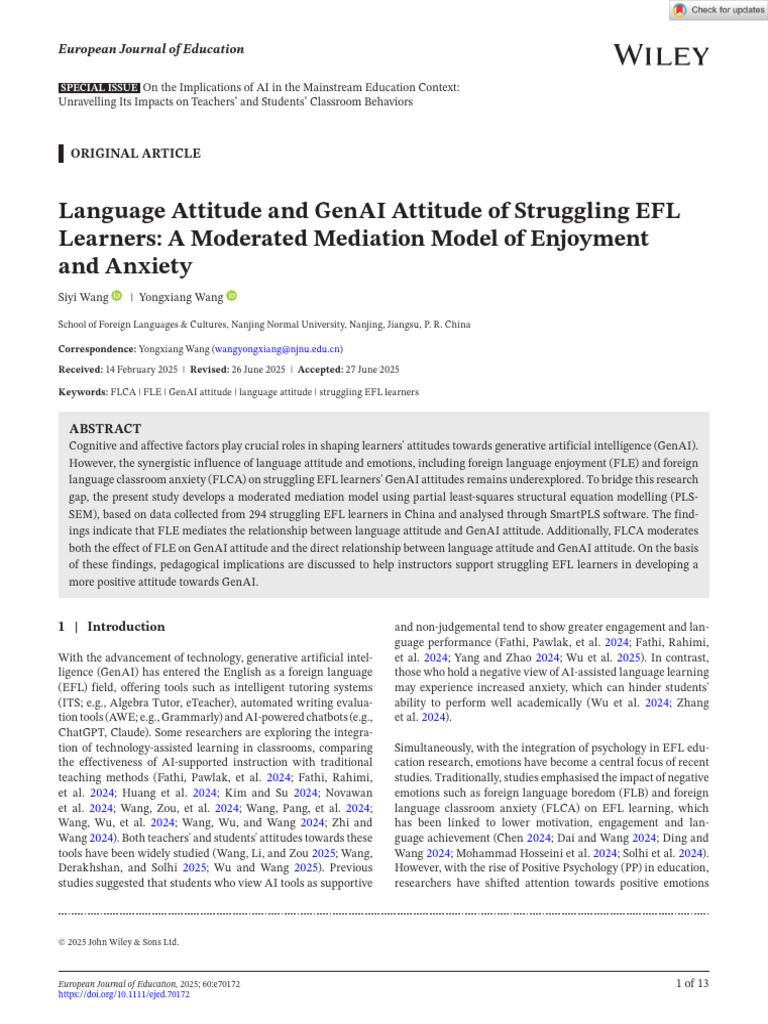 Euro J of Education - 2025 - Wang - Language Attitude and GenAI ...