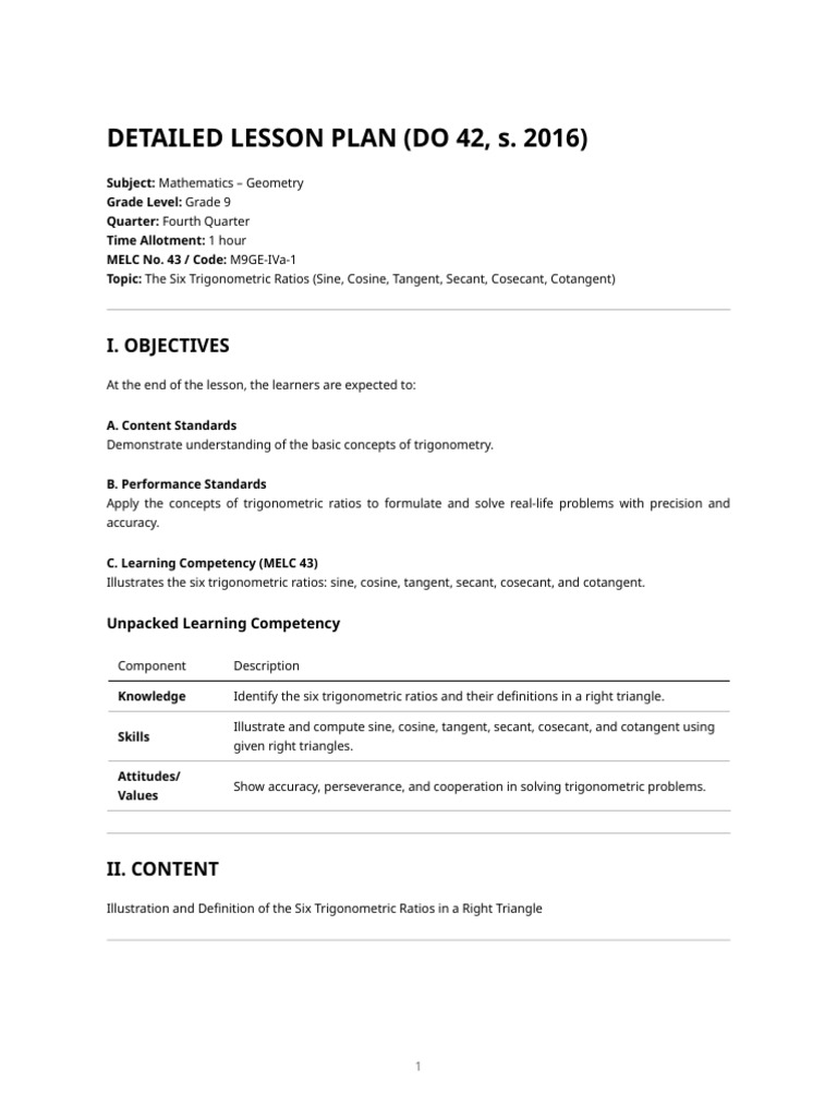 Grade 9 Trigonometric Ratios Lesson Plan | PDF | Trigonometric ...