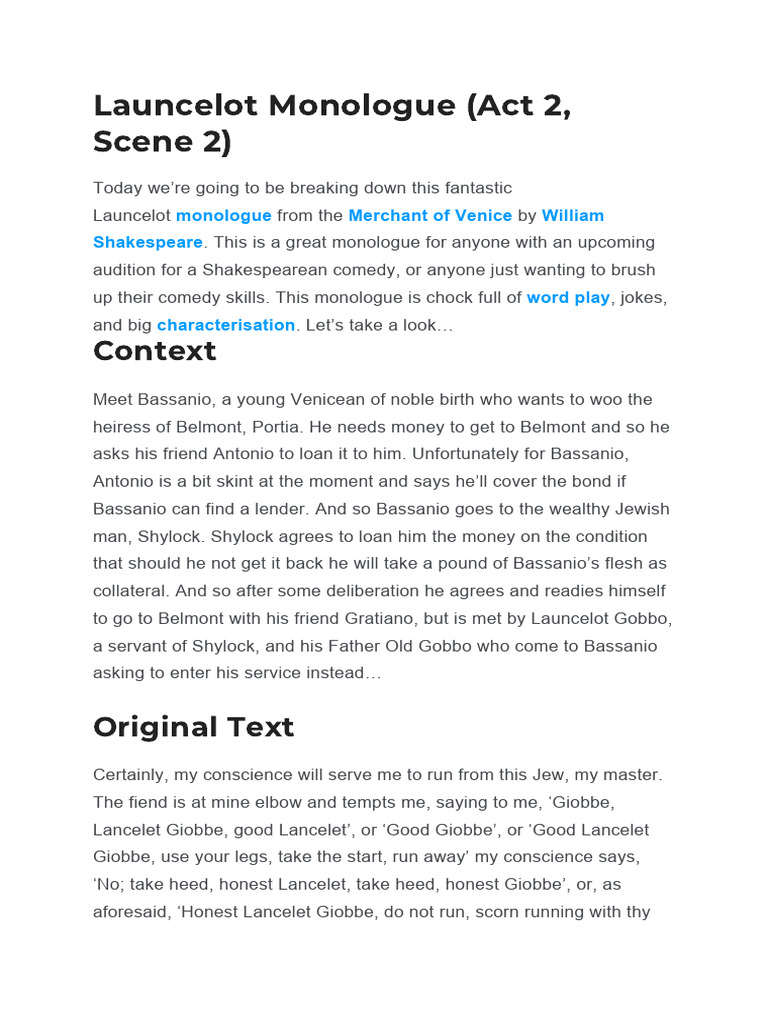 Launcelot's Comedic Monologue Analysis | PDF | The Merchant Of Venice