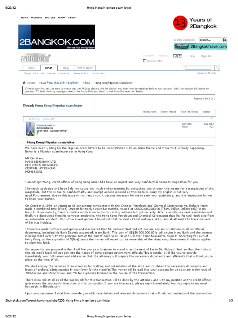Hong Kong - Nigerian Scam Letter | PDF | Internet Forum | Hong Kong