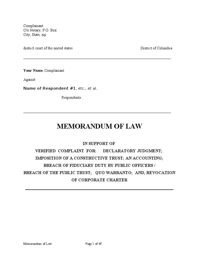 Memorandum of Law in Support of Breach of Fiduciary Duty Thanks Richard ...