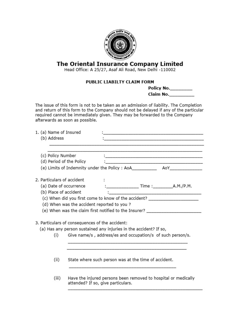Public Liability Industrial Claim Form | PDF | Liability Insurance ...