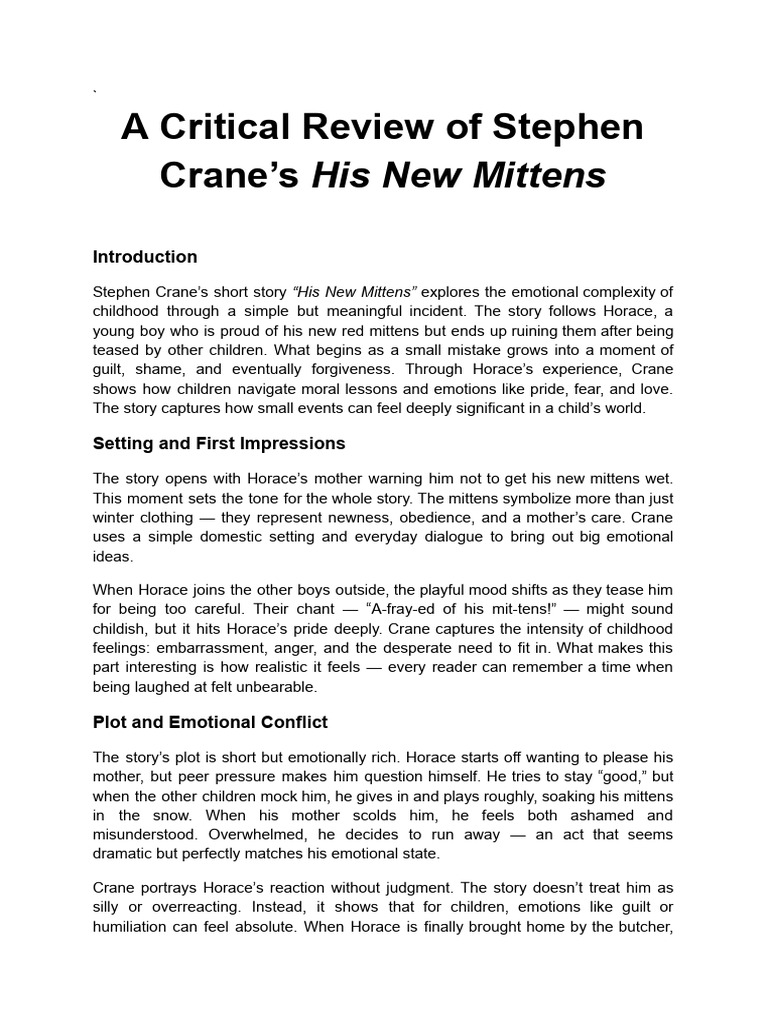 His New_Mittens by Stephen Crane- A Critical Review. | PDF | Shame ...