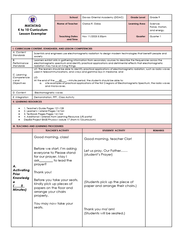 EM waves Matatag-Lesson-Plan-Template-Demo (1) | PDF | Electromagnetic ...