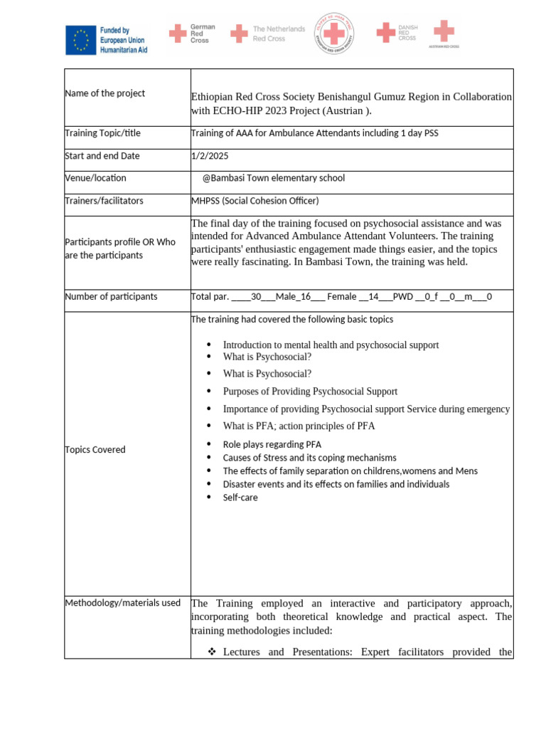 SC MHPSS &PFA Training Report | PDF | Psychosocial | Behavioural Sciences