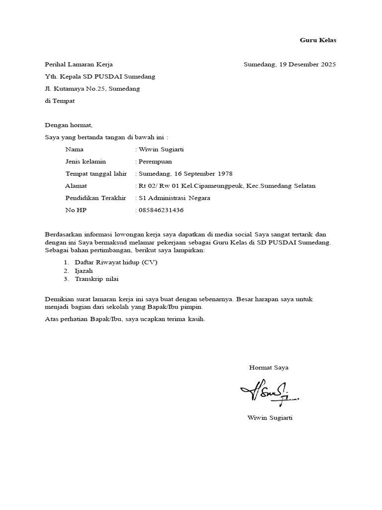 Lamaran Kerja Guru Kelas SD PUSDAI | PDF