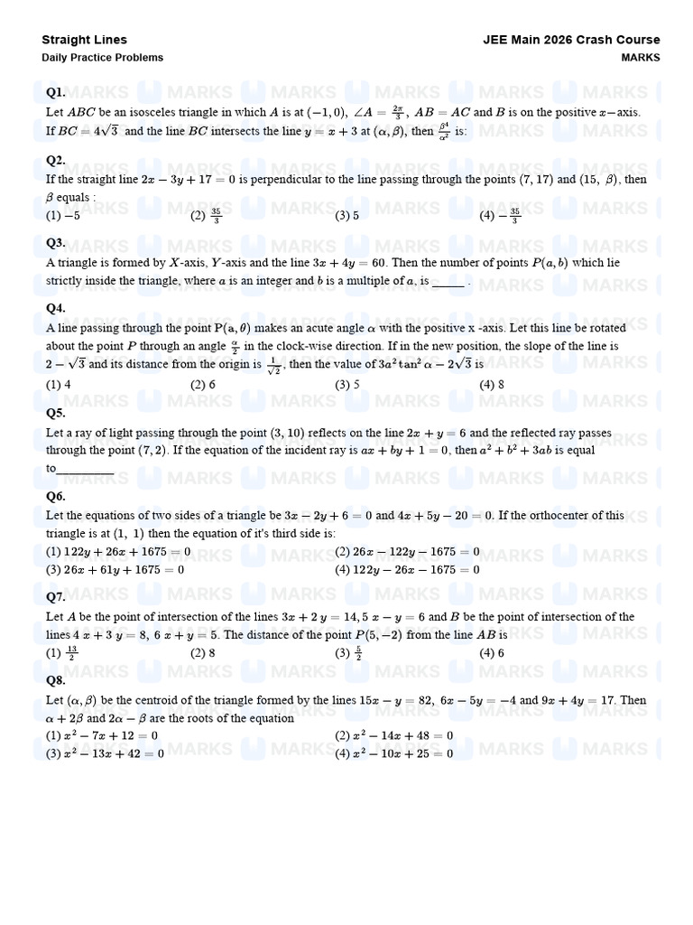 Straight Lines Practice Problems for JEE | PDF | Triangle | Coordinate ...